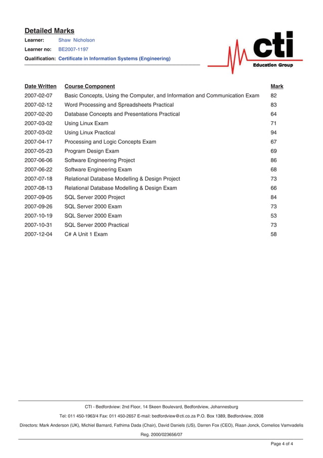 Academic Transcript for Shaw Nicholson (Certificate in Information ...