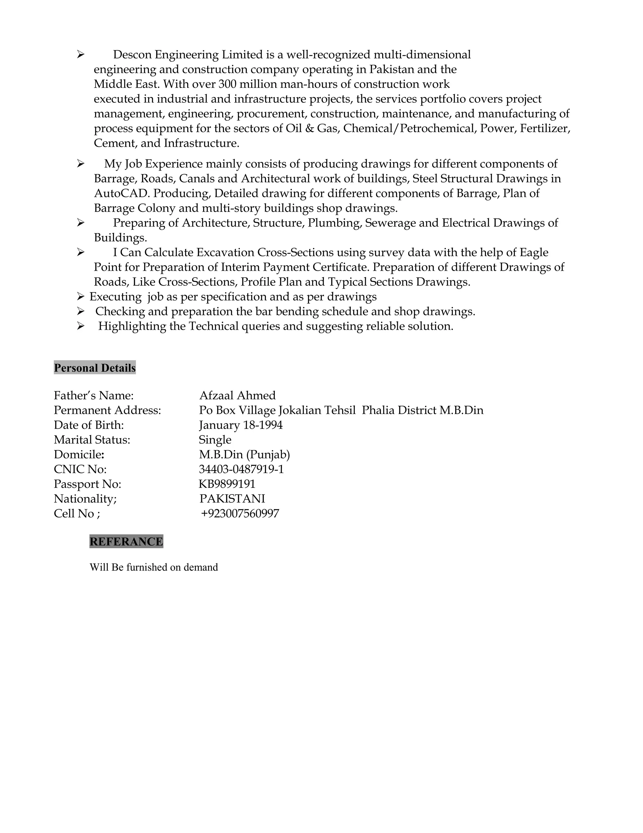 Arslan Raza-Area Engineer-Civil | PDF