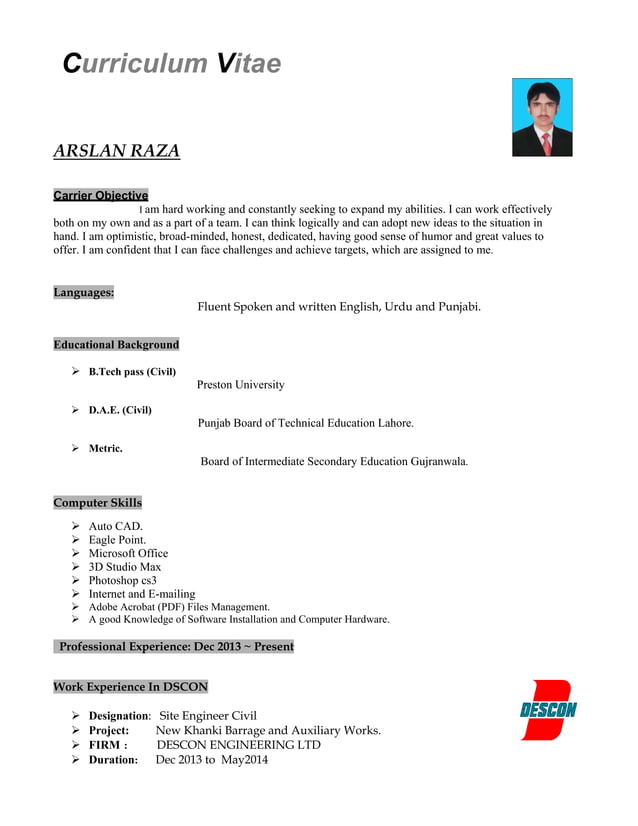Arslan Raza-Area Engineer-Civil | PDF