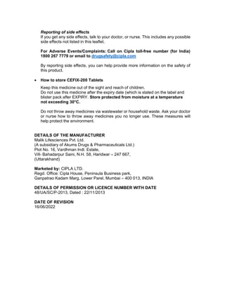 Cefix 200 tablet uses and contents descriptions | PDF