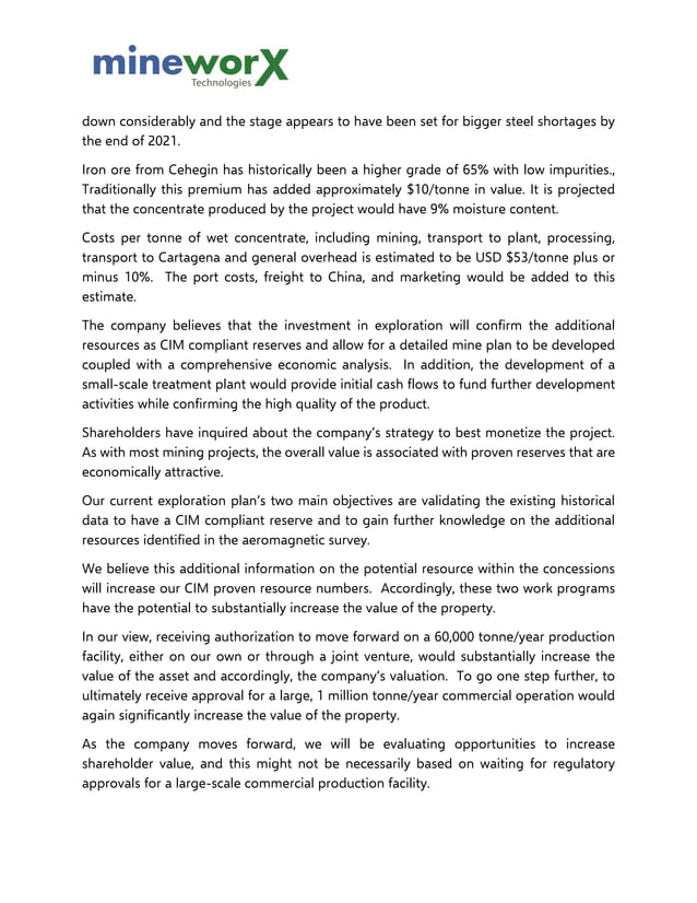 MIneworx Technologies (TSXV: MWX) Shareholder Update - April 2021 | PDF