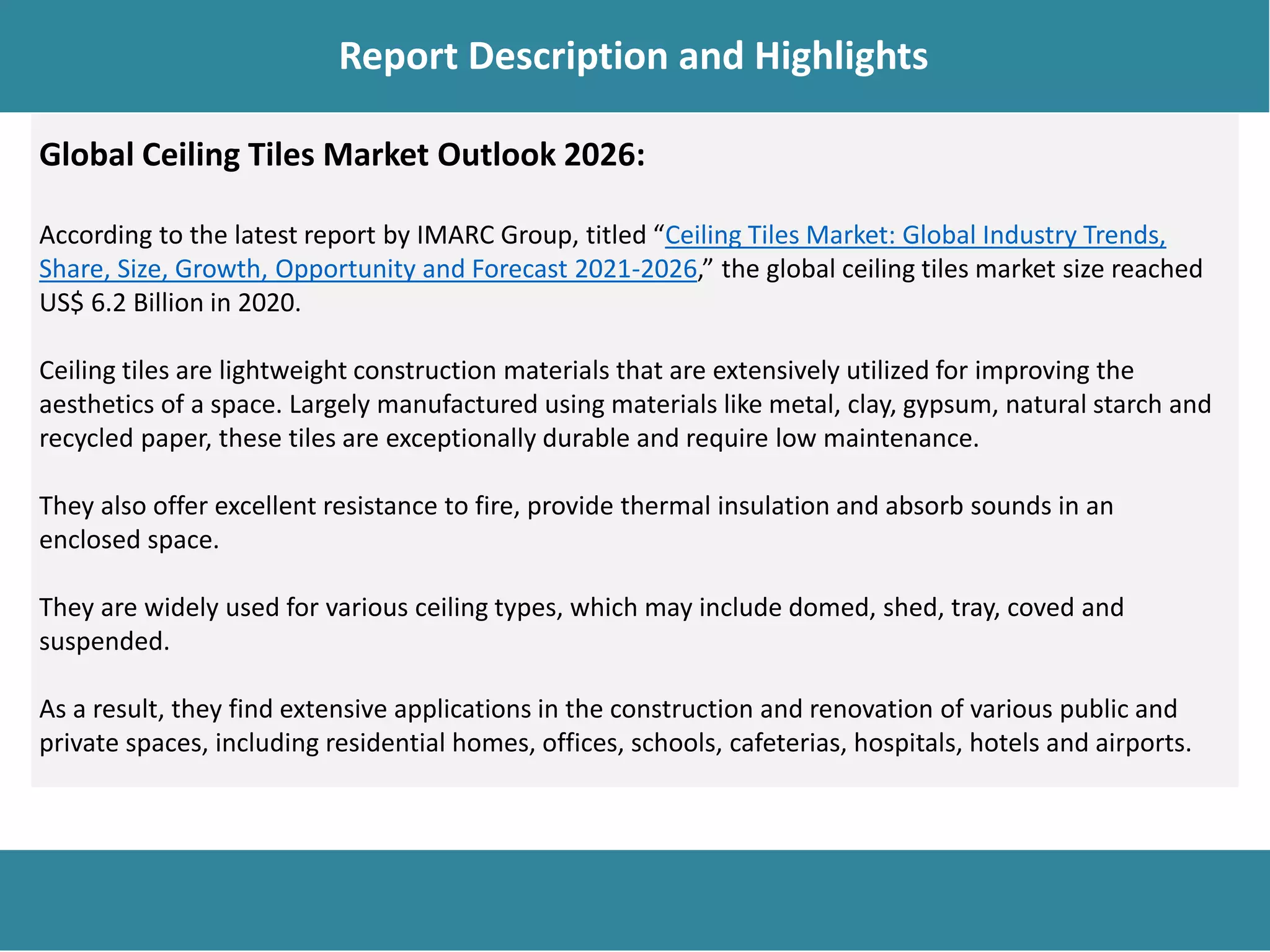 Ceiling Tiles Market PPT: Growth, Outlook, Demand, Keyplayer Analysis and Opportunity 2021-26 | PPT