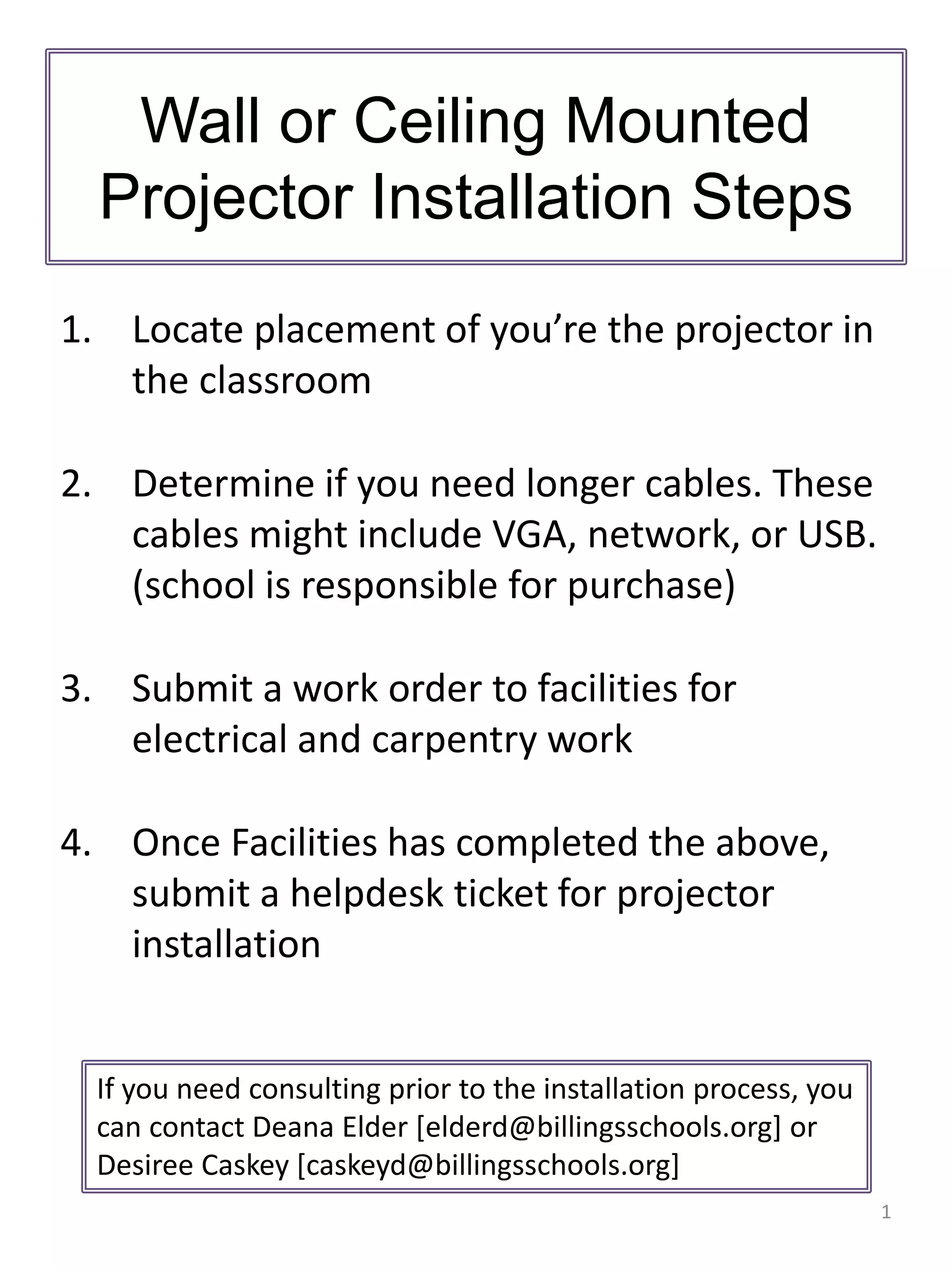 Procedures for Installing Wall or Ceiling Mounted Projectors | PPTX