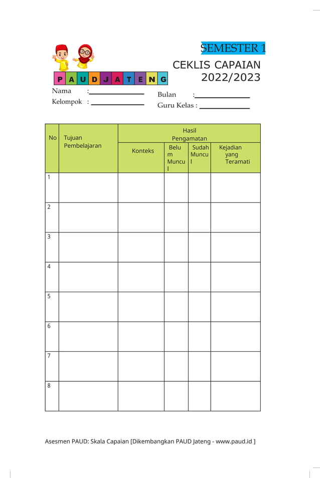 Contoh Format Ceklis Perkembangan Anak Usia Dini | DOCX