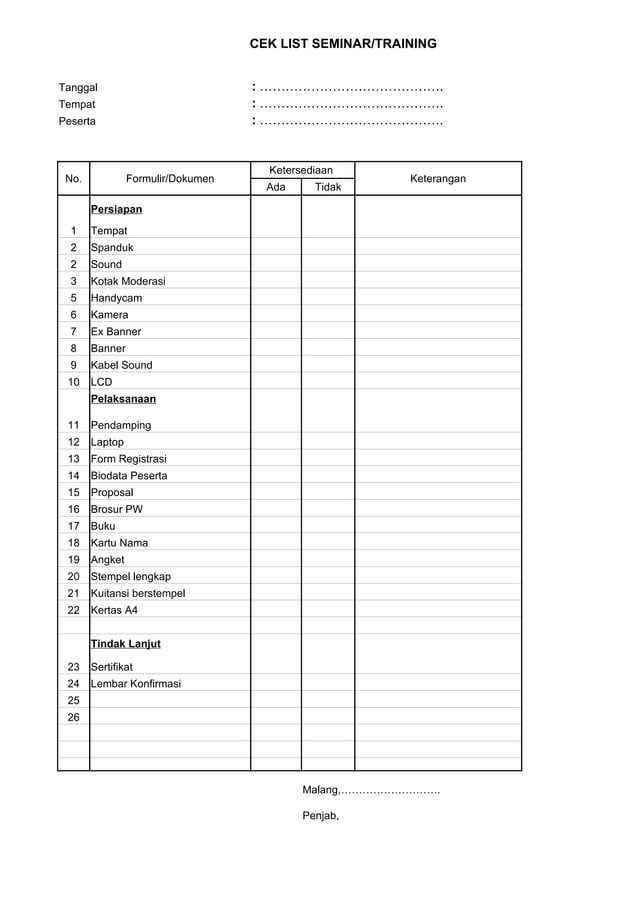 Cek list seminar & training | XLS