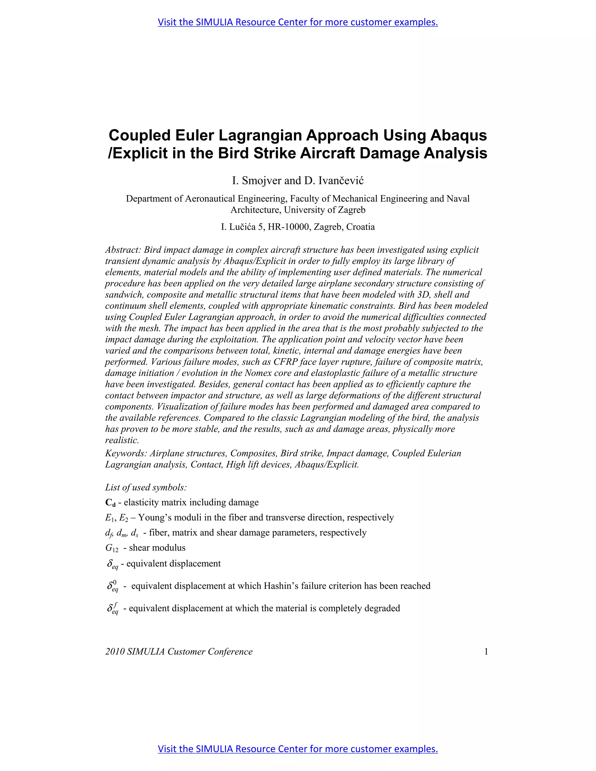 Coupled Euler Lagrangian Approach Using Abaqus /Explicit in the Bird Strike Aircraft Damage ...
