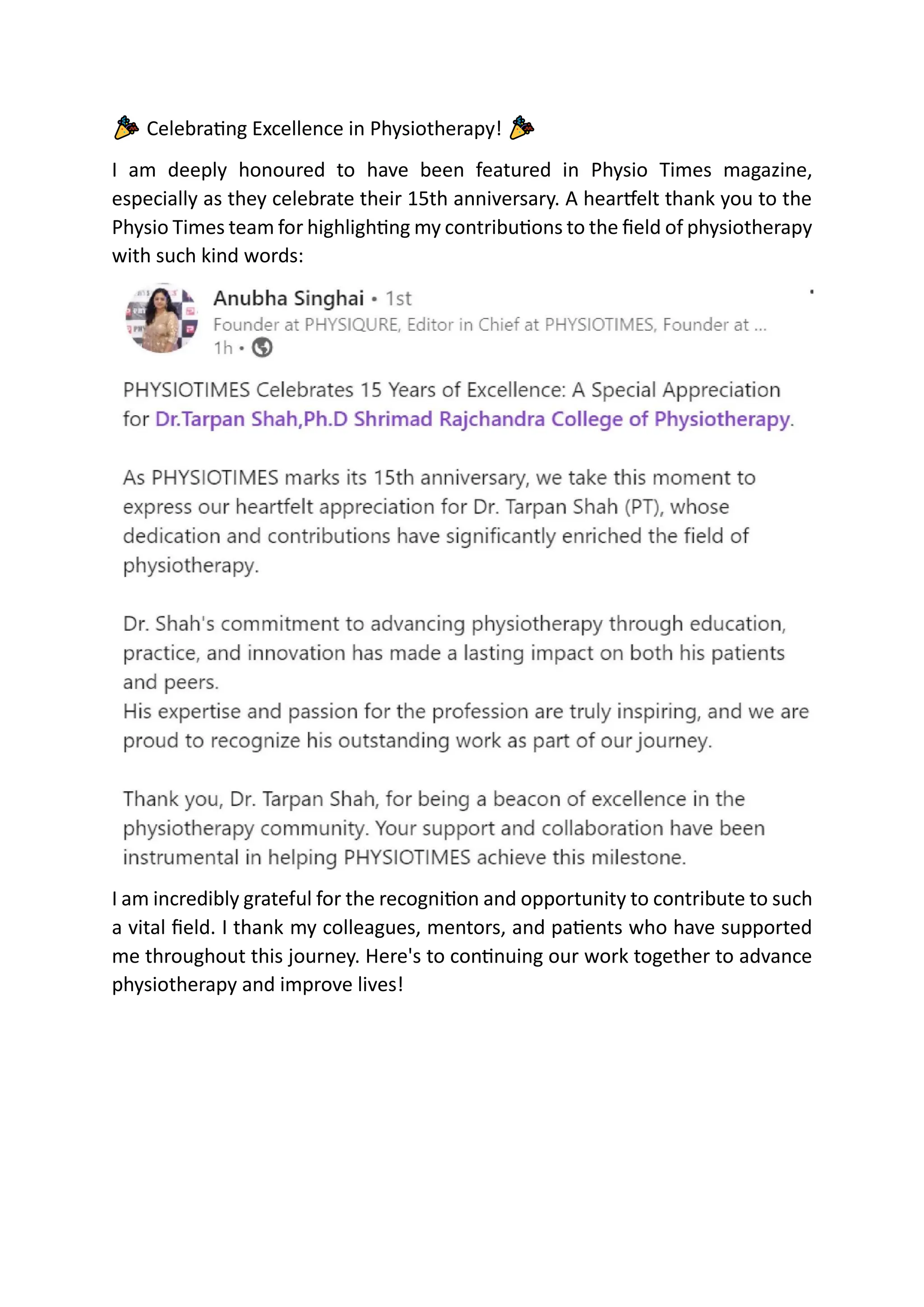 Celebrating Excellence in Physiotherapy Thank you Physiotimes | PDF