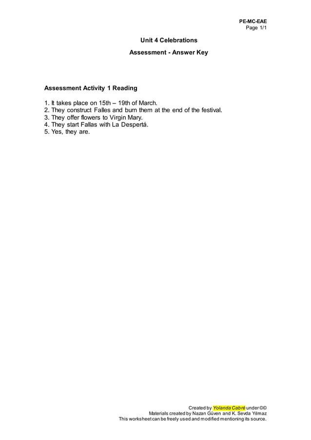 Celebrations assessment answer key | PDF