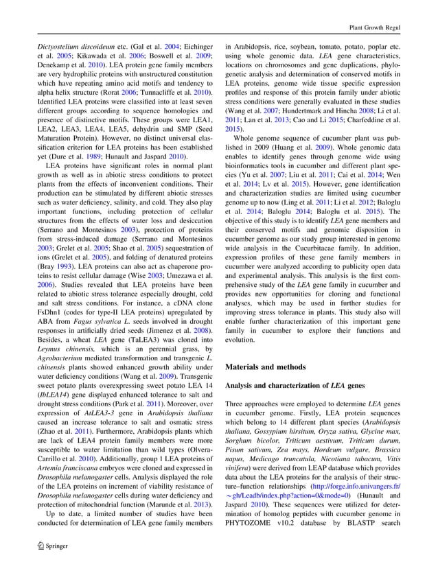 Identification and expression analysis of LEA gene family members in cucumber genome | PDF