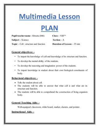 Lesson Plan On Cell Structure