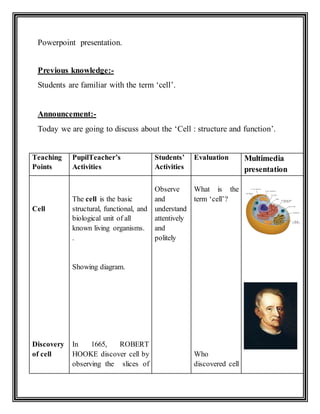 Lesson Plan On Cell Structure