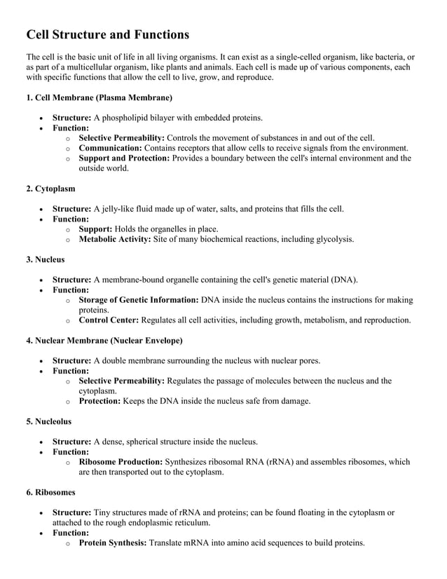 cell structure and function / cell transportation / notes | PDF