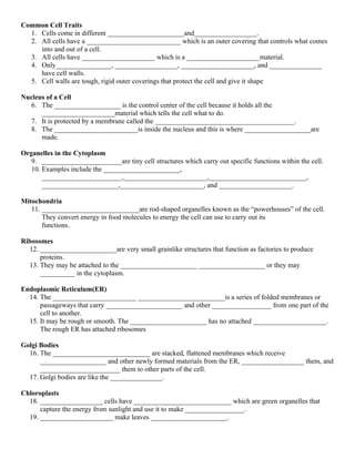Cell Organelle Cloze Notes | DOC | Biological Sciences | Science