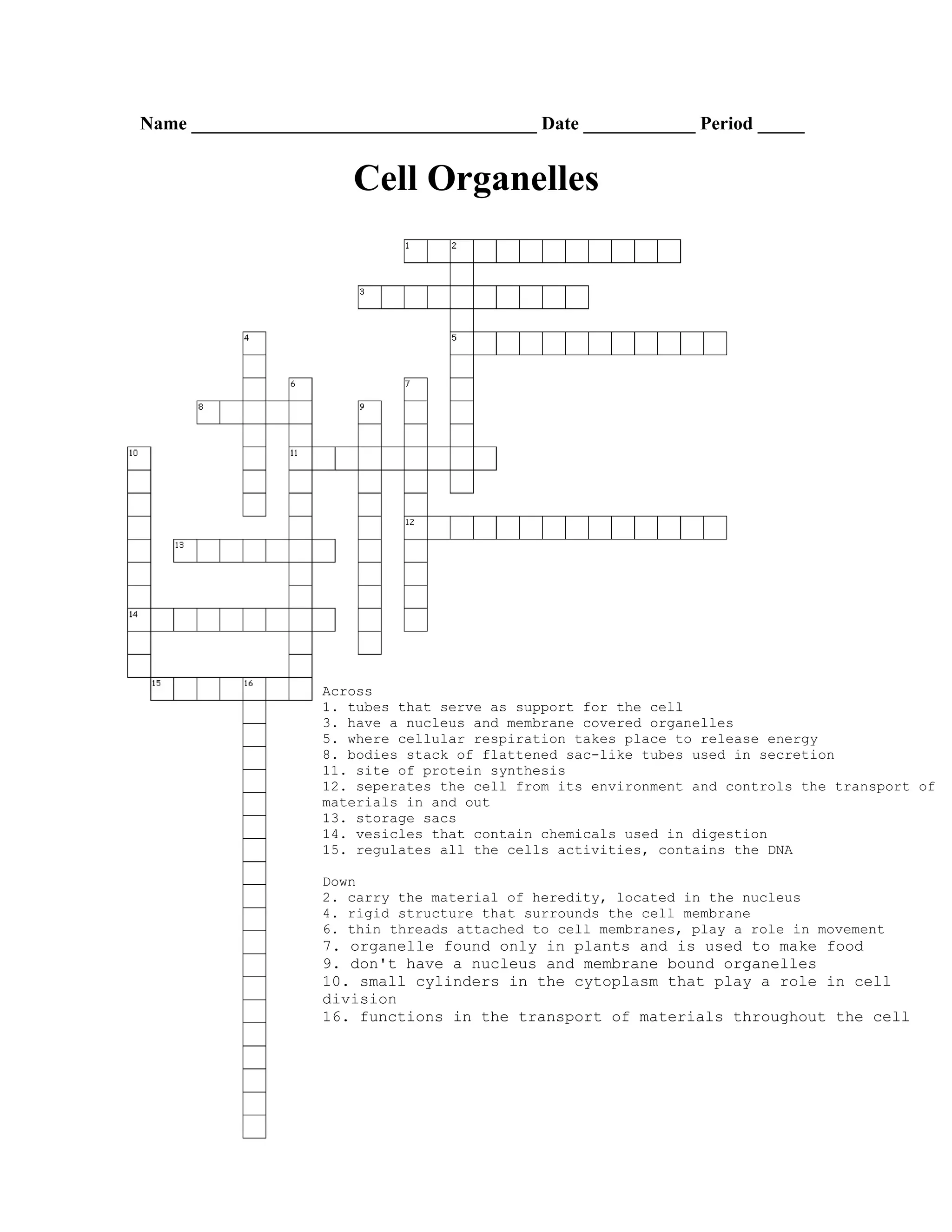 Biology - Cell Organelle Crossword Puzzle | DOC
