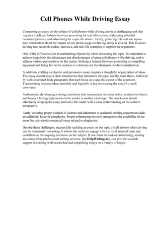 Cell Phones While Driving Essay. Herzing University | PDF