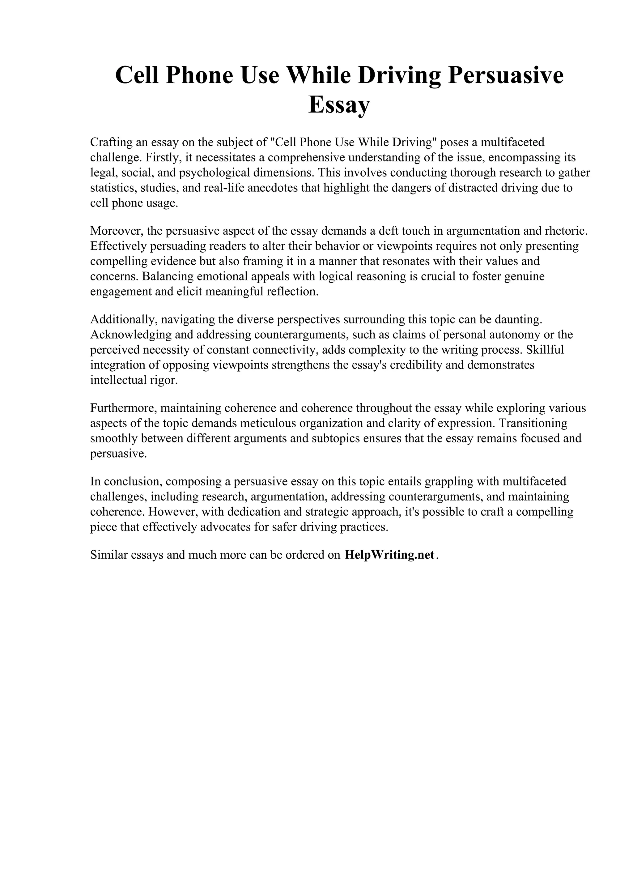 Cell Phone Use While Driving Persuasive Essay | PDF