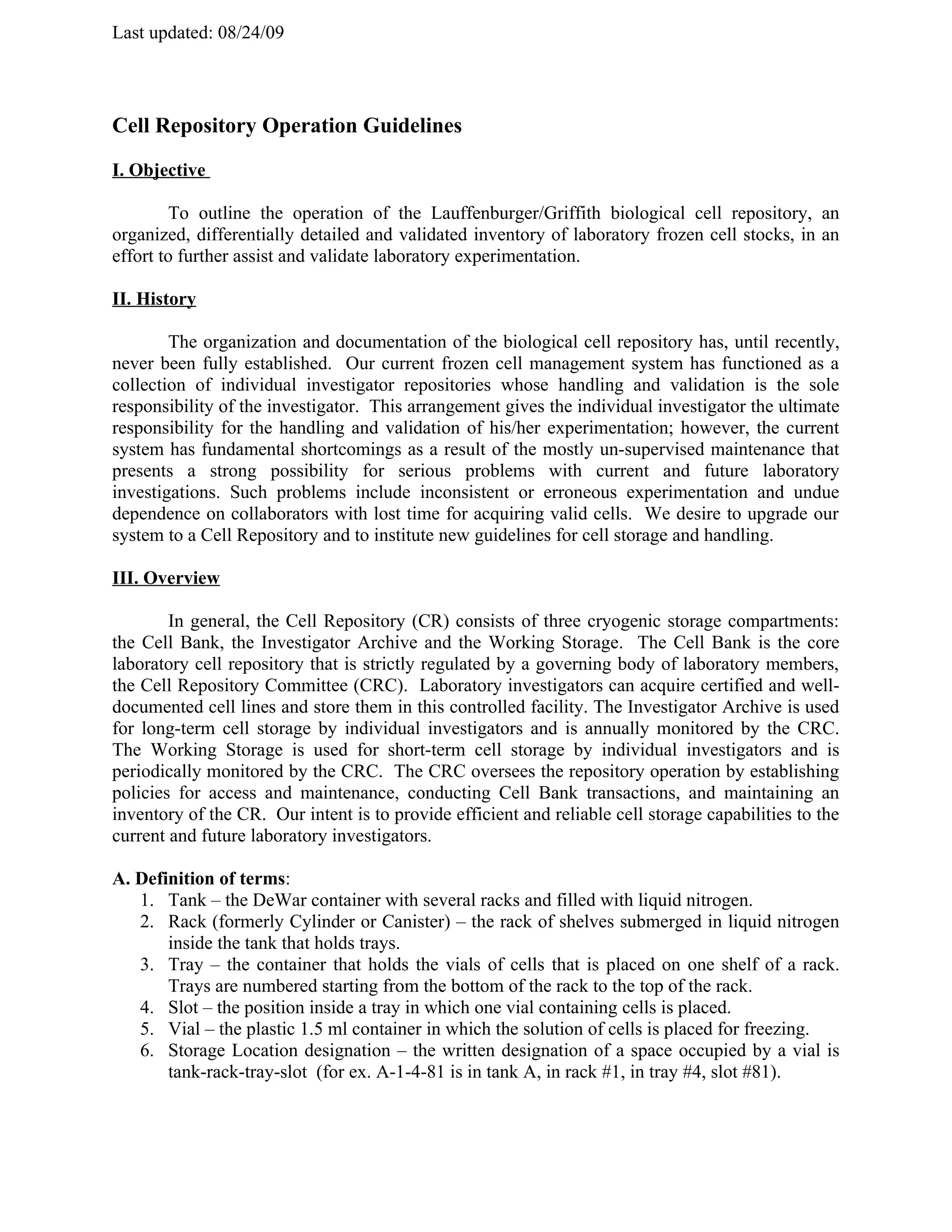 Cell respository guidelines | DOC
