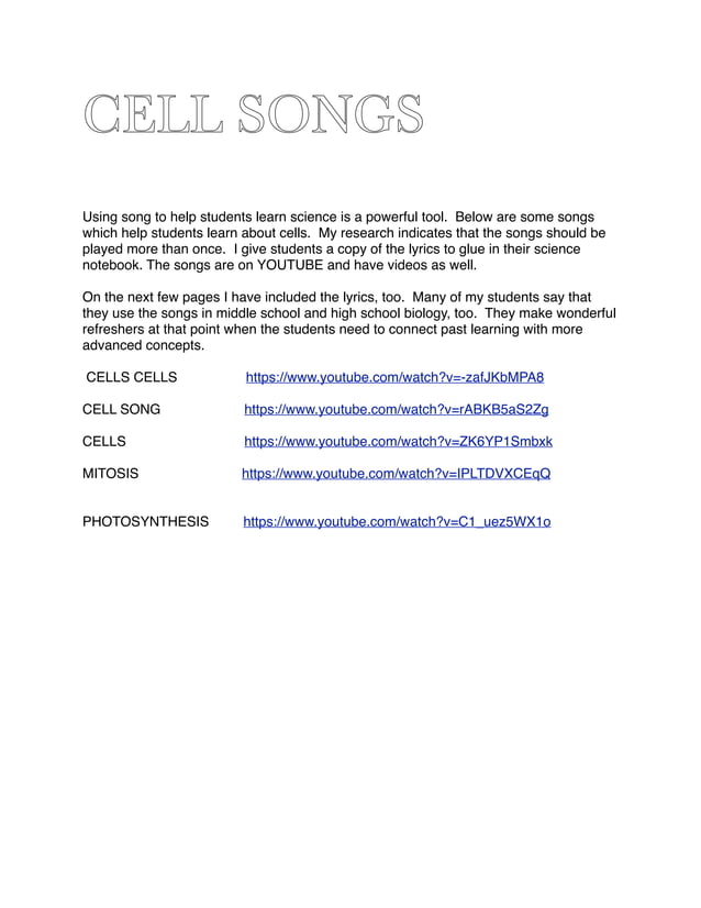 Cells songs-and-lyrics | PDF | Biological Sciences | Science