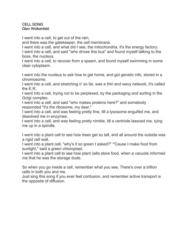 Cells songs-and-lyrics | PDF | Biological Sciences | Science