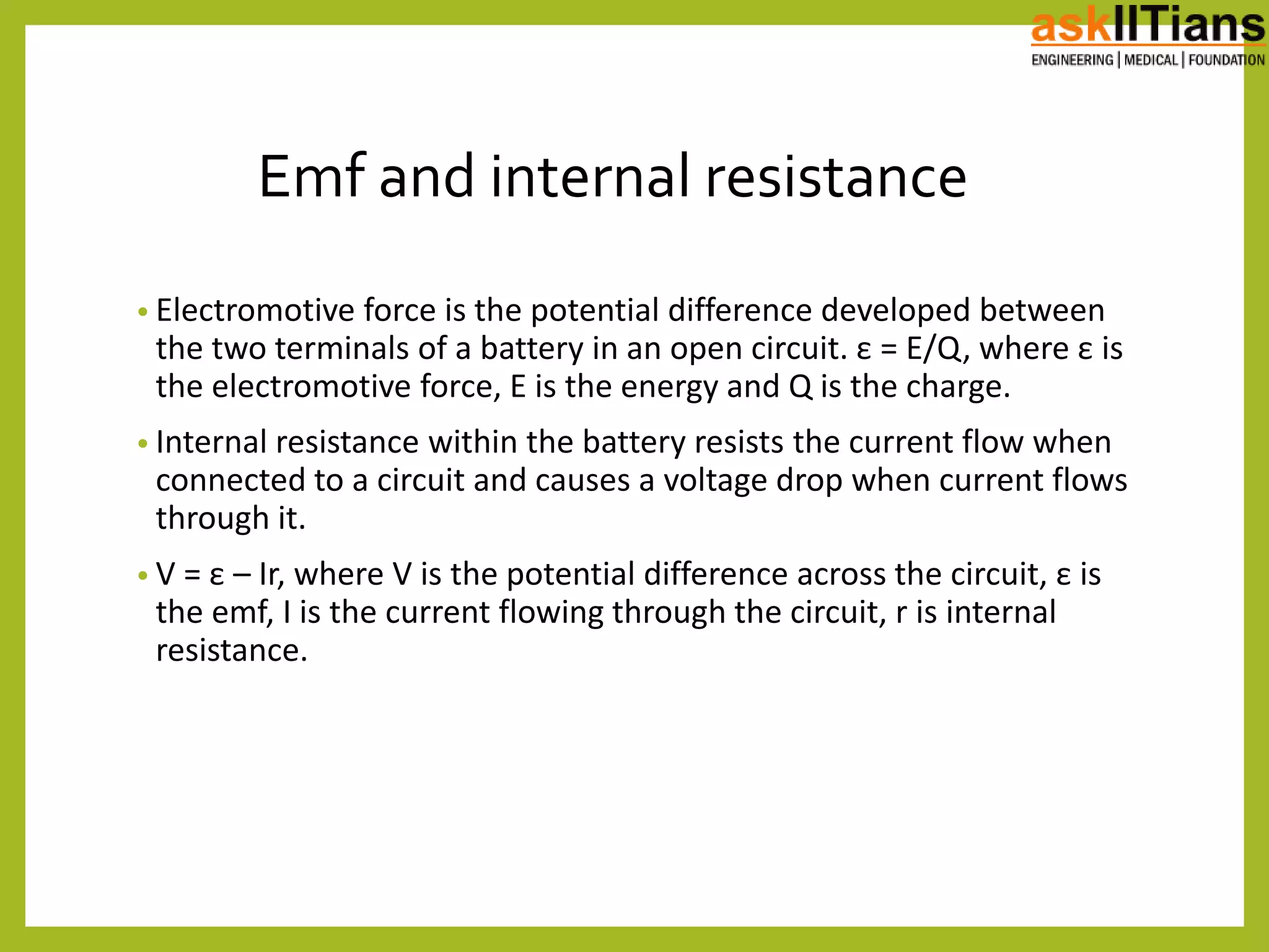 Cells, EMF, Internal Resistance | Physics | PPTX | Chemistry | Science