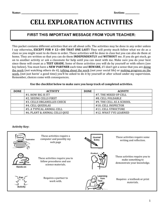 cells_exploration_activities.pdf | Homework and Study | Education