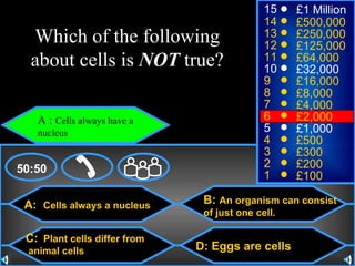 Cells Tissues And Organs Millionaire | PPT
