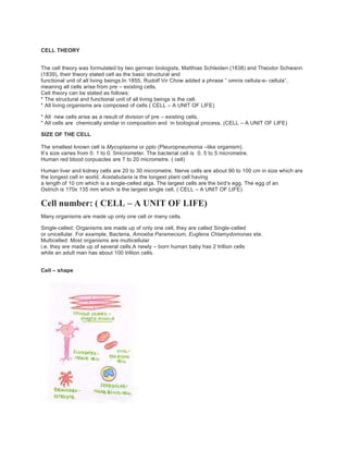 CELL THE BASIC UNIT OF LIFE.docx | Biological Sciences | Science