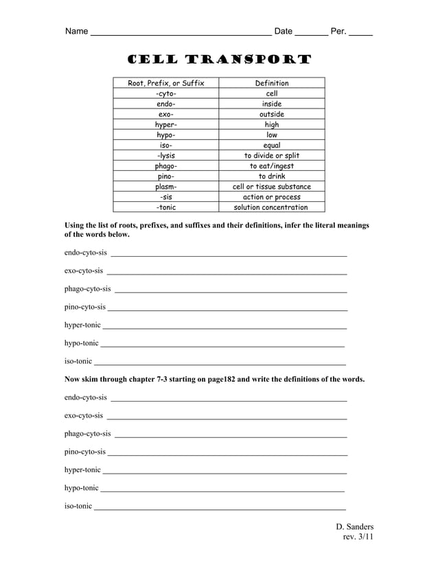 Cell transport worksheet | DOC