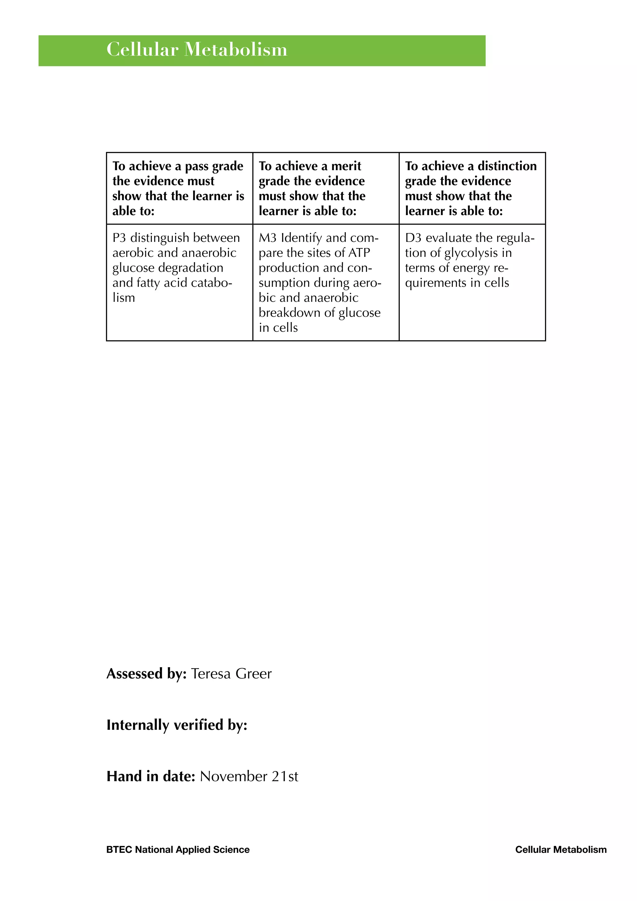 Cellular Metabolism Assignment | PDF