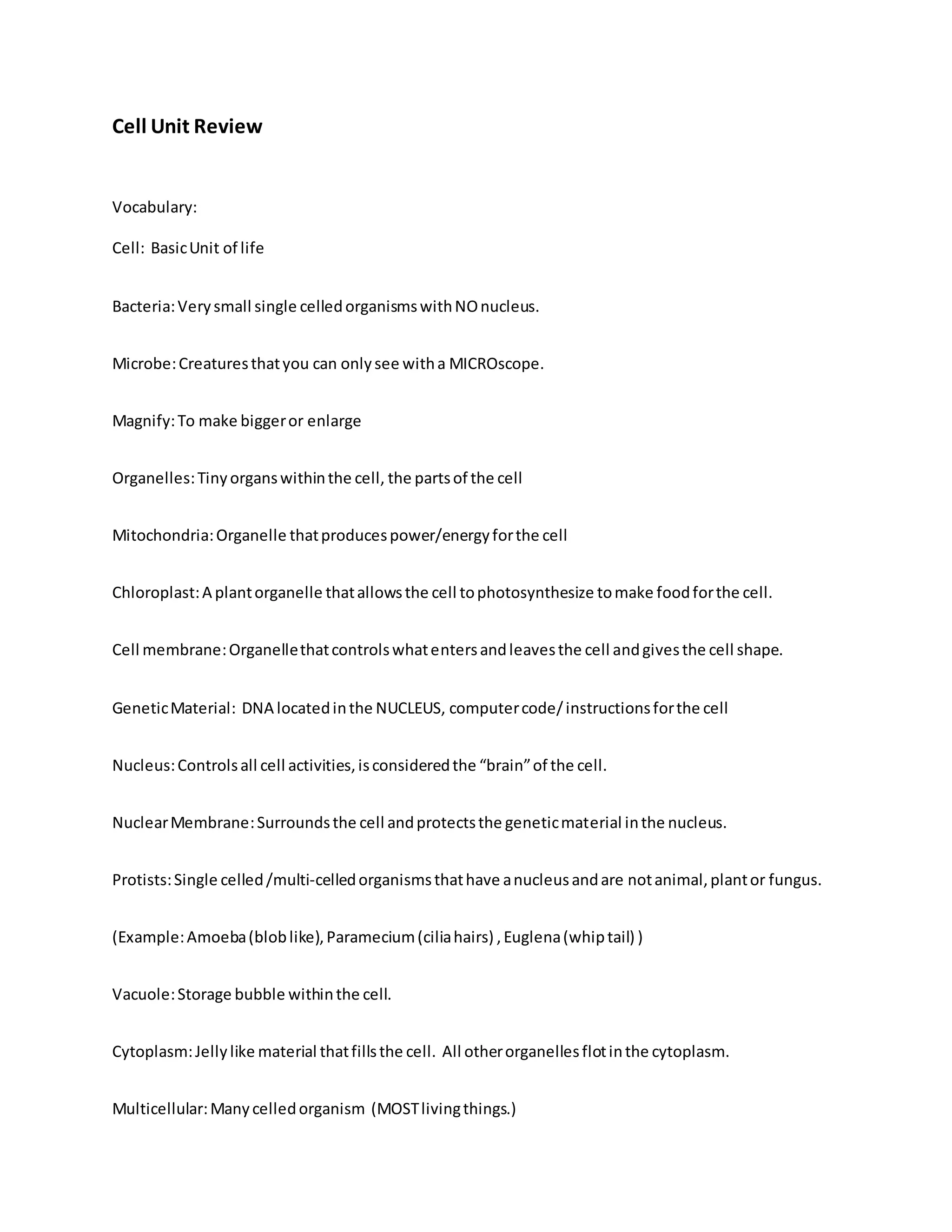 Cell unit review complete | DOCX | Biological Sciences | Science