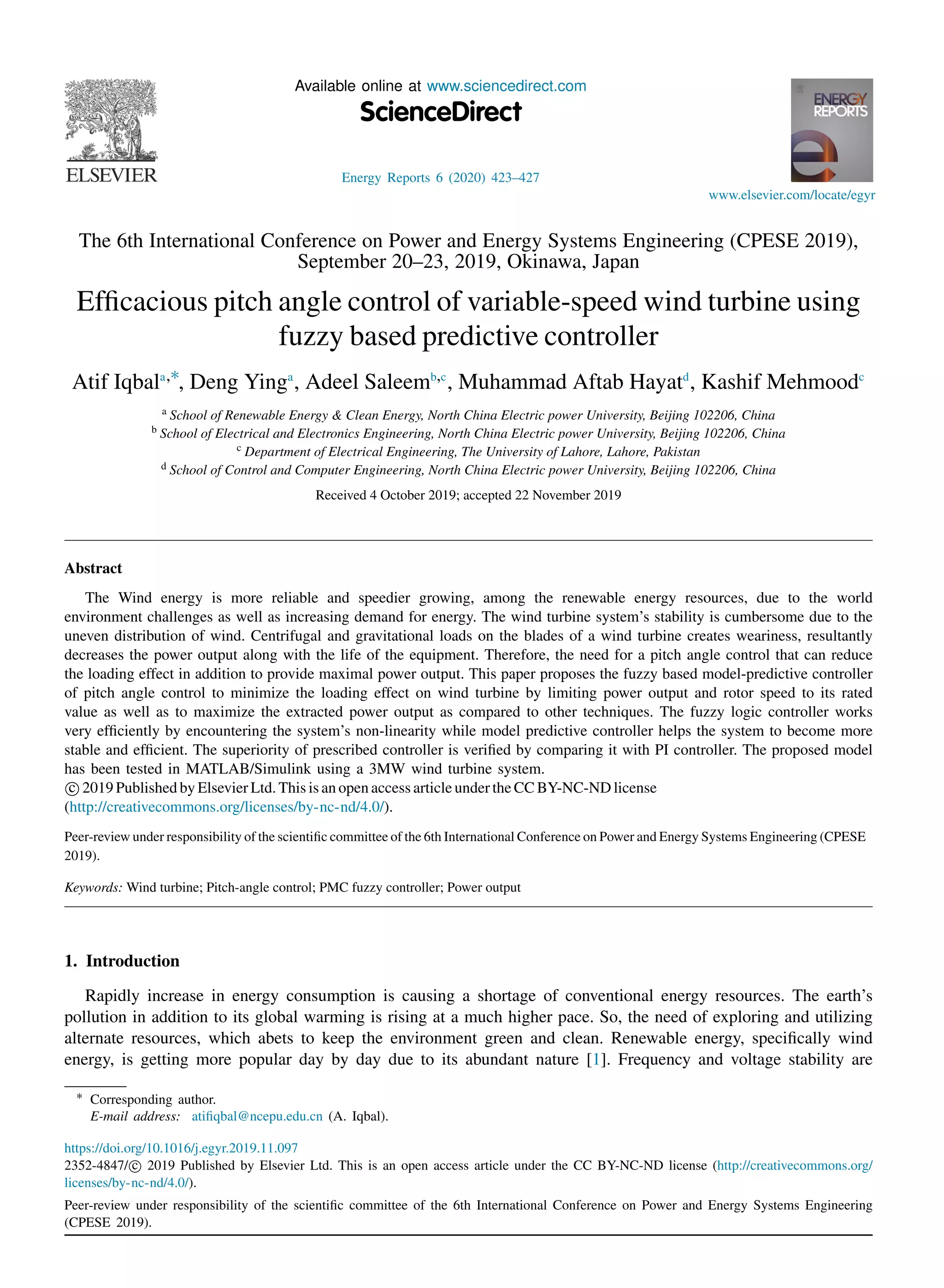 Effcacious Pitch Angle Control Of Variable Speed Wind Turbine Using Fuzzy Based Predictive