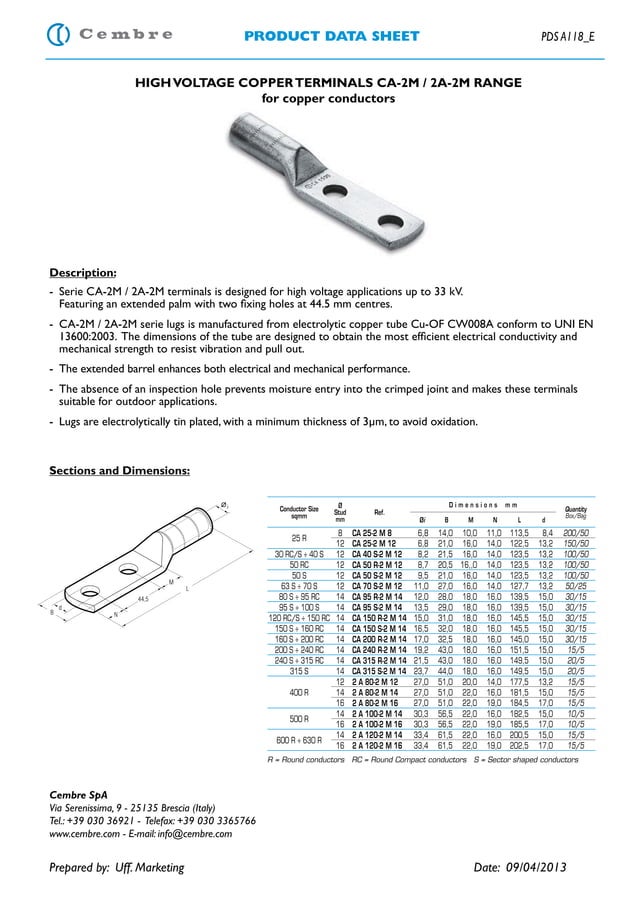Cembre 2 Hole Crimp Lugs | PDF