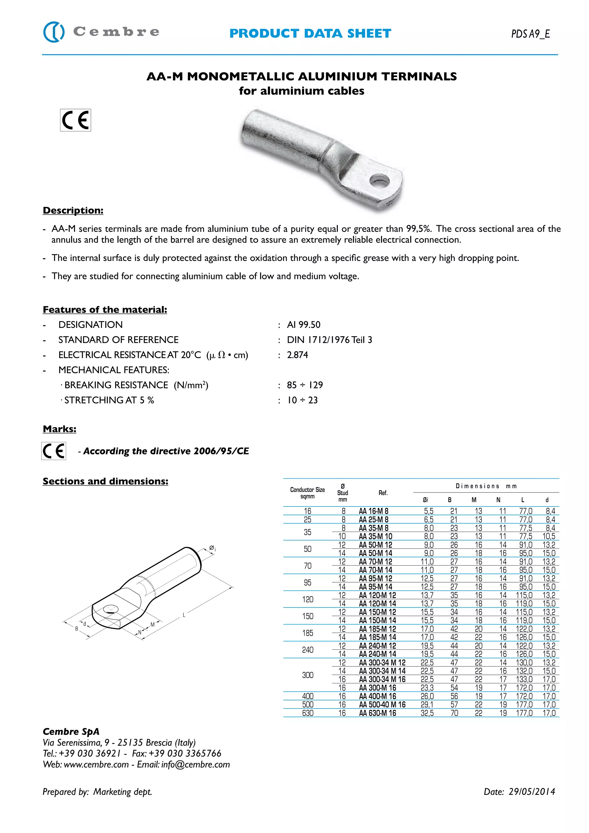 Cembre AA-M High Voltage Aluminium Cable Lugs 11-33kV | PDF