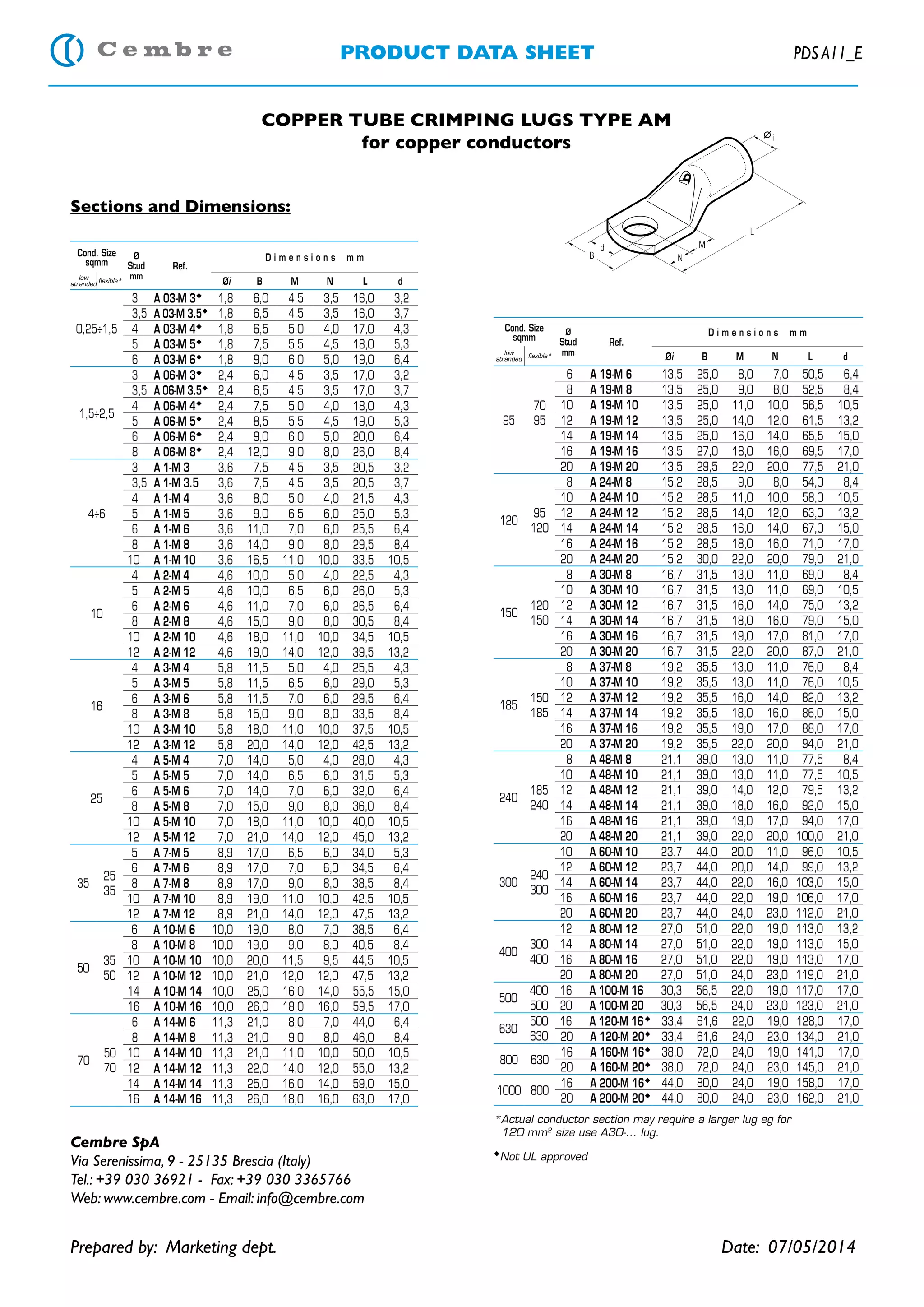 Cembre Cable Crimp Lugs (Single Hole - Copper Conductors) - A Range | PDF