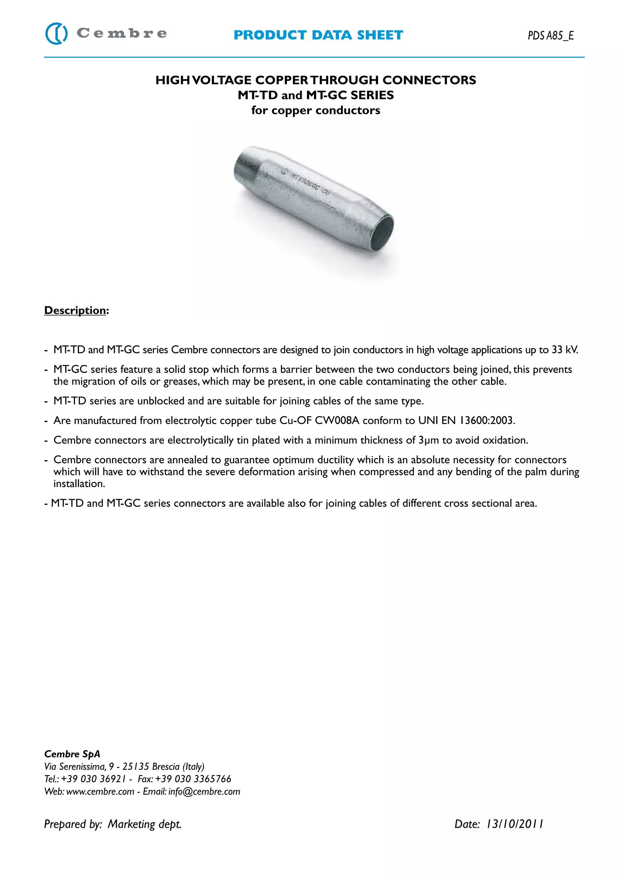 Cembre High Voltage Copper Cable Splices to 11-33kV | PDF