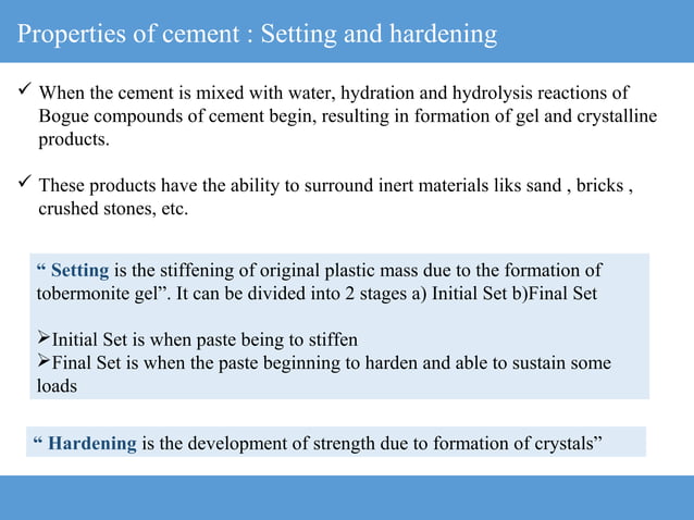 Manufacture of cement - Classification and hydration | PPT | Chemistry ...