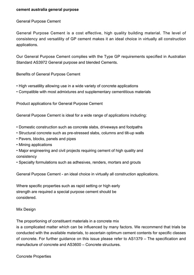Cement Australia - General Purpose Cement Information Sheet | PDF