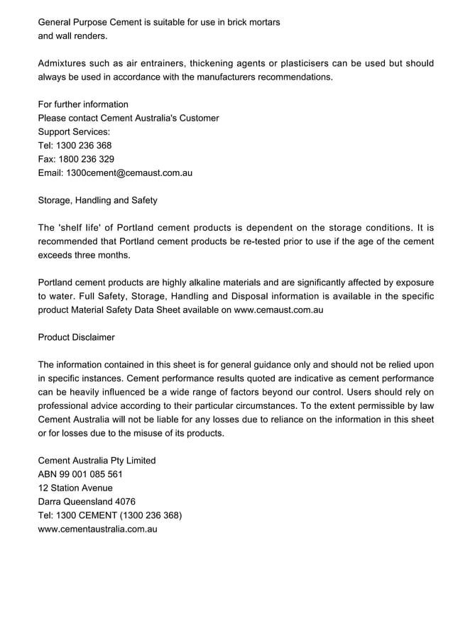 Cement Australia - General Purpose Cement Information Sheet | PDF