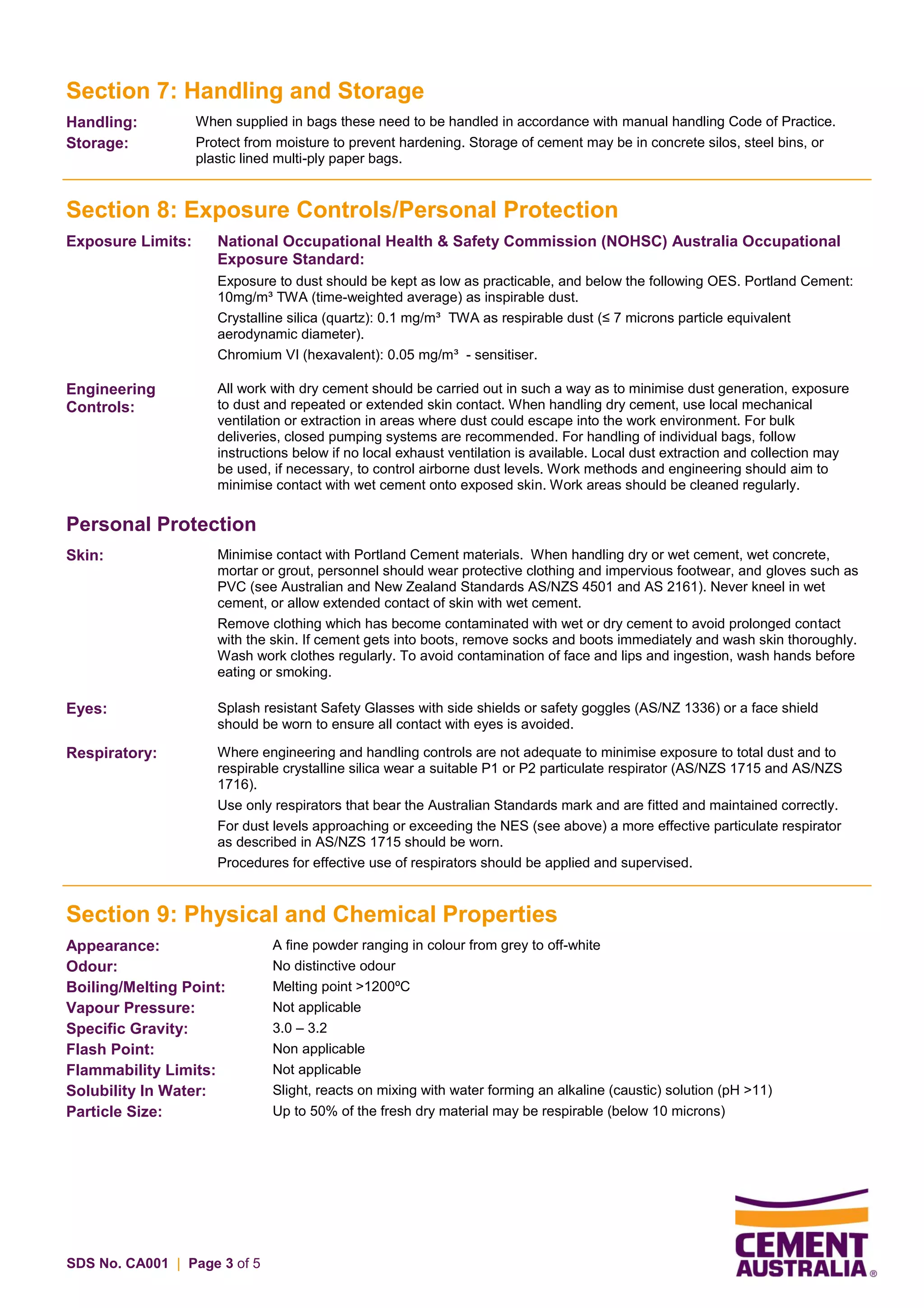Cement Australia - Portland Cement Safety Data Sheet | PDF