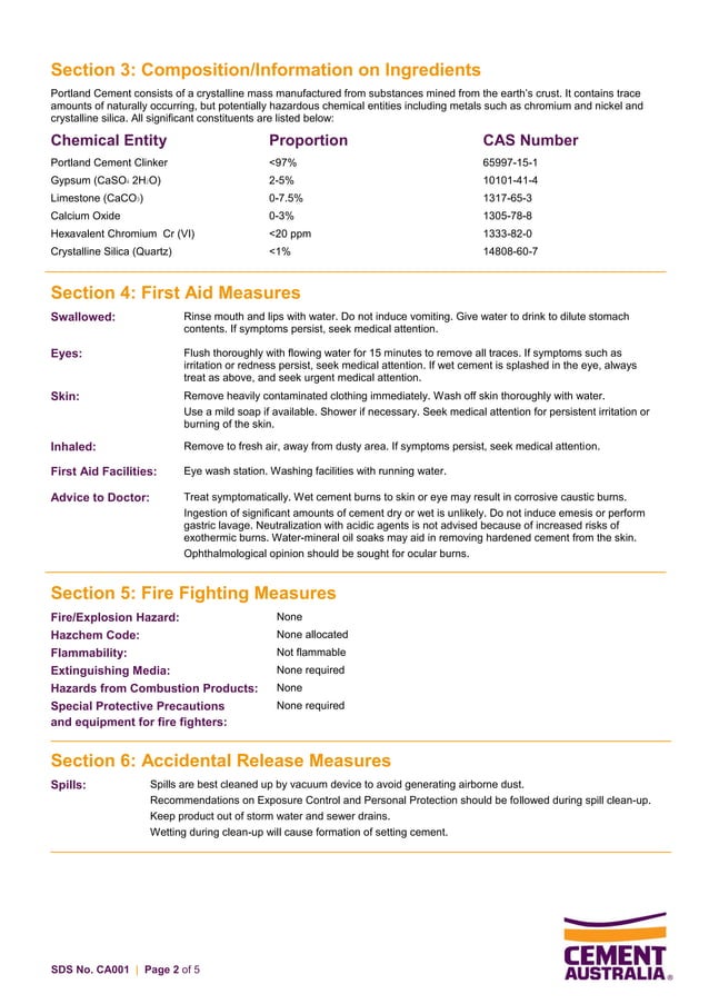 Cement Australia - Portland Cement Safety Data Sheet | PDF