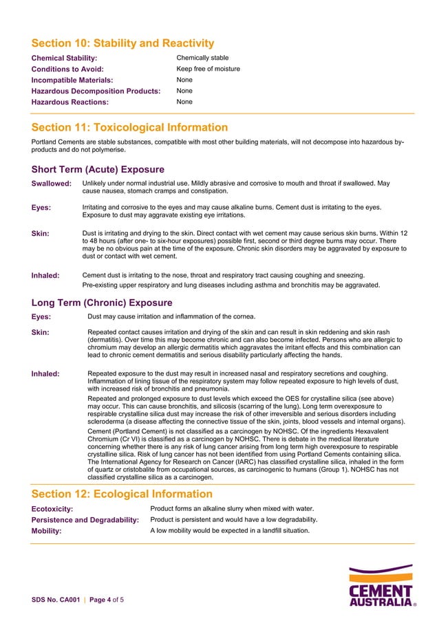 Cement Australia - Portland Cement Safety Data Sheet | PDF
