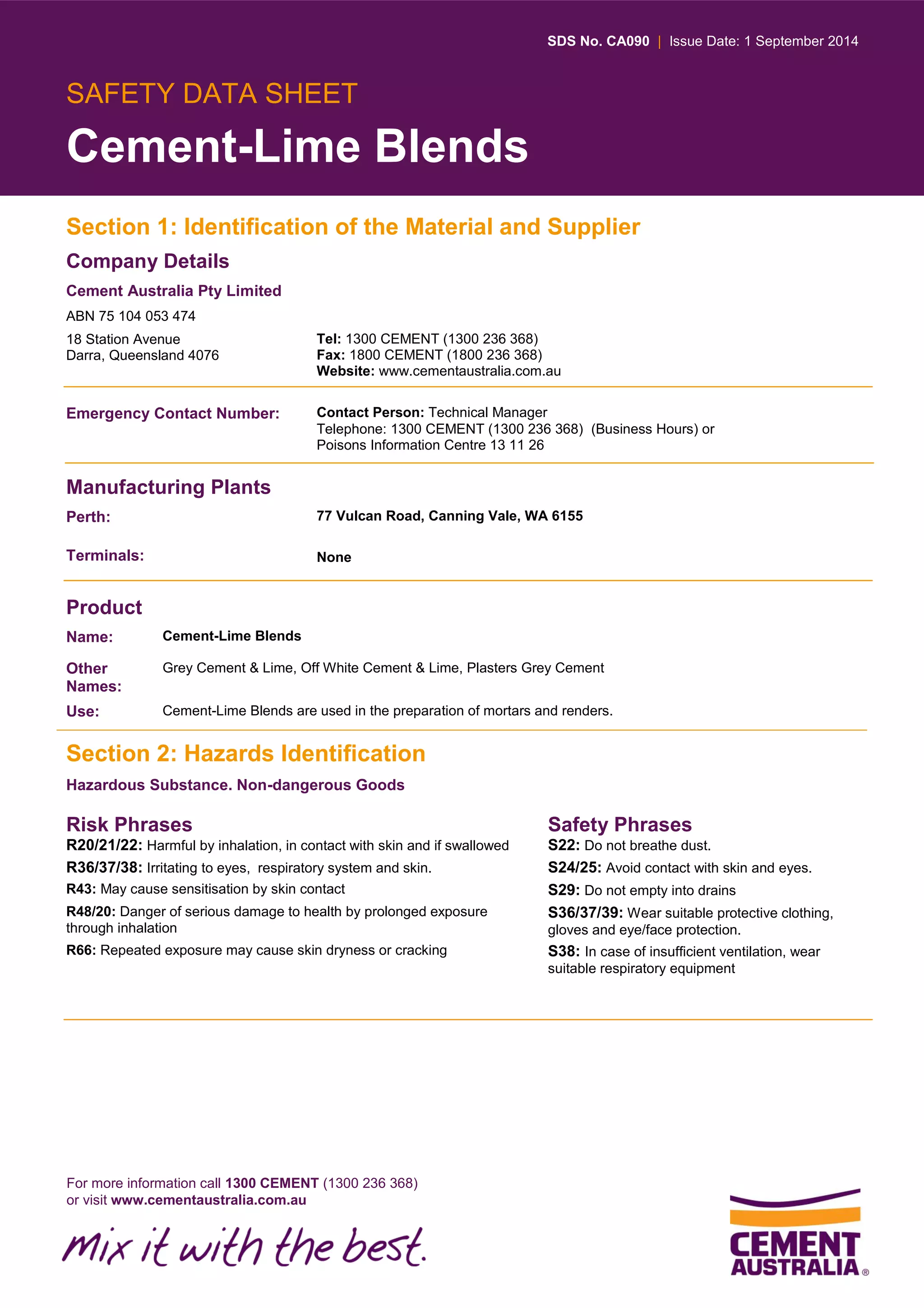 Cement Lime Blends - Safety Data Sheet | PDF