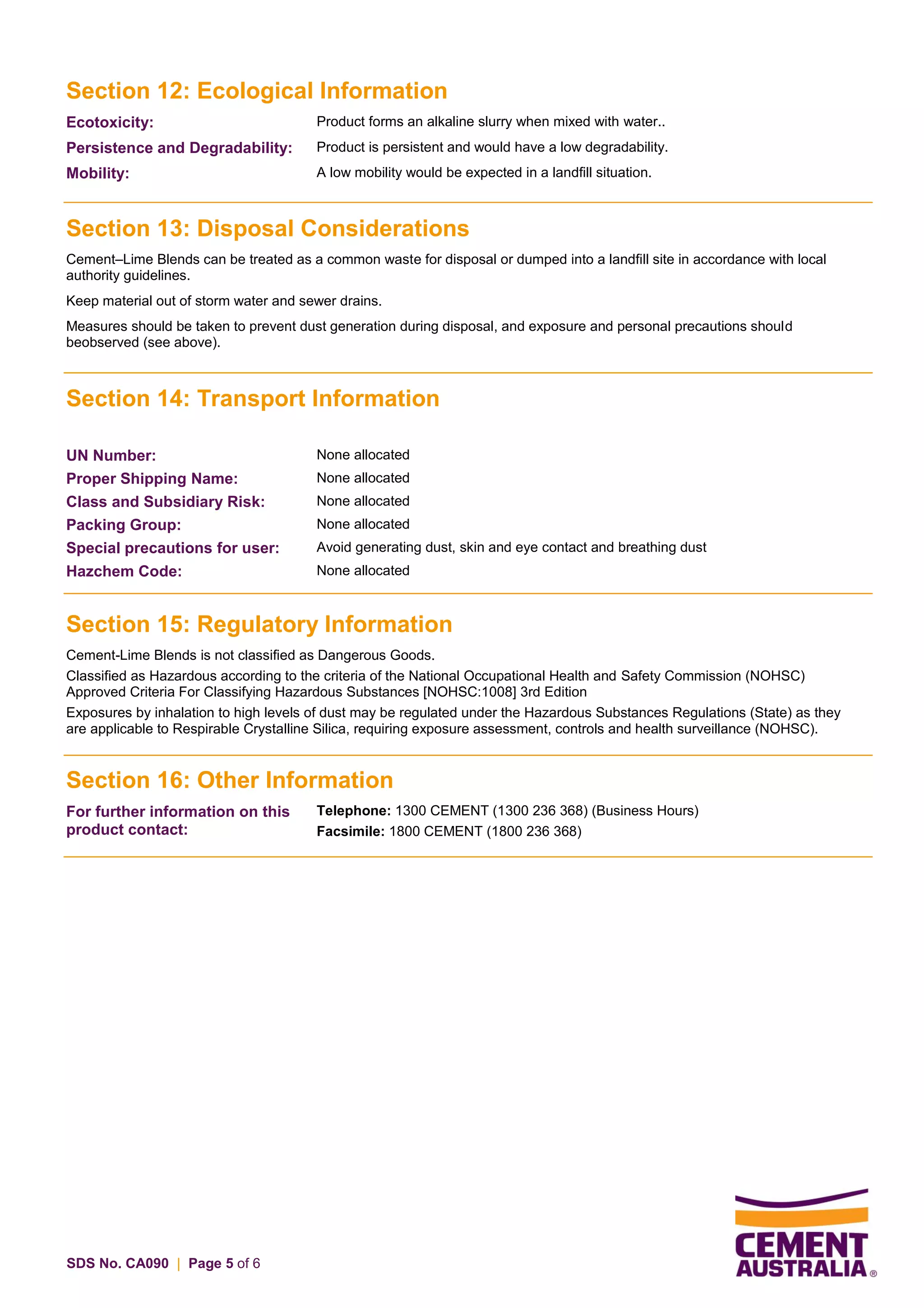 Cement Lime Blends - Safety Data Sheet | PDF