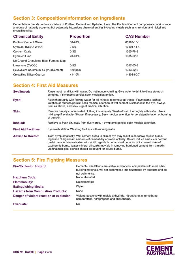 Cement Lime Blends - Safety Data Sheet | PDF