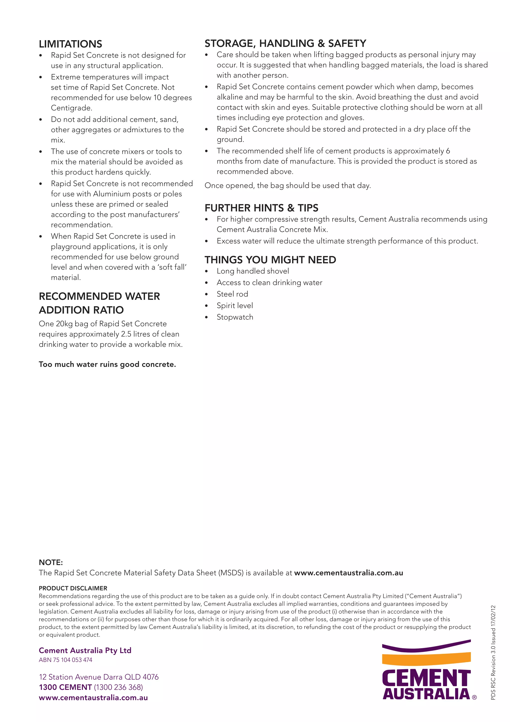 Cement Australia rapid set concrete | PDF