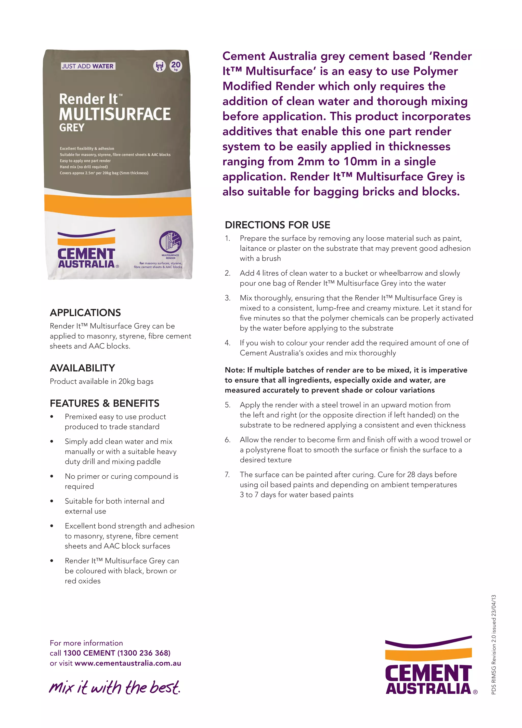 Cement Australia render it™ multisurface grey | PDF