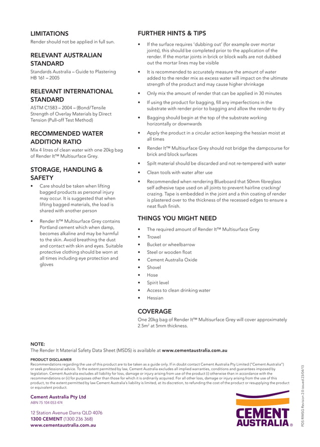 Cement Australia render it™ multisurface grey | PDF