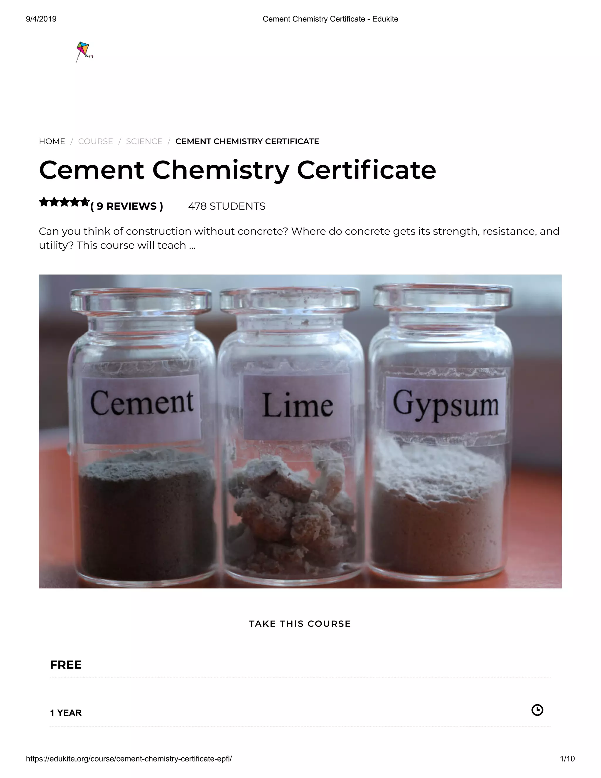Cement Chemistry Certificate - Edukite | PDF