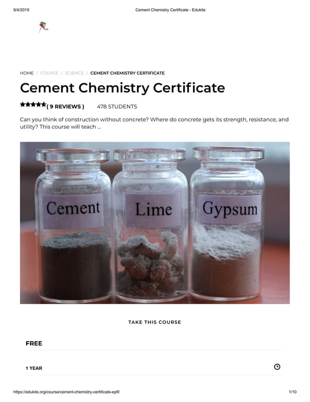 Cement Chemistry Certificate - Edukite | PDF