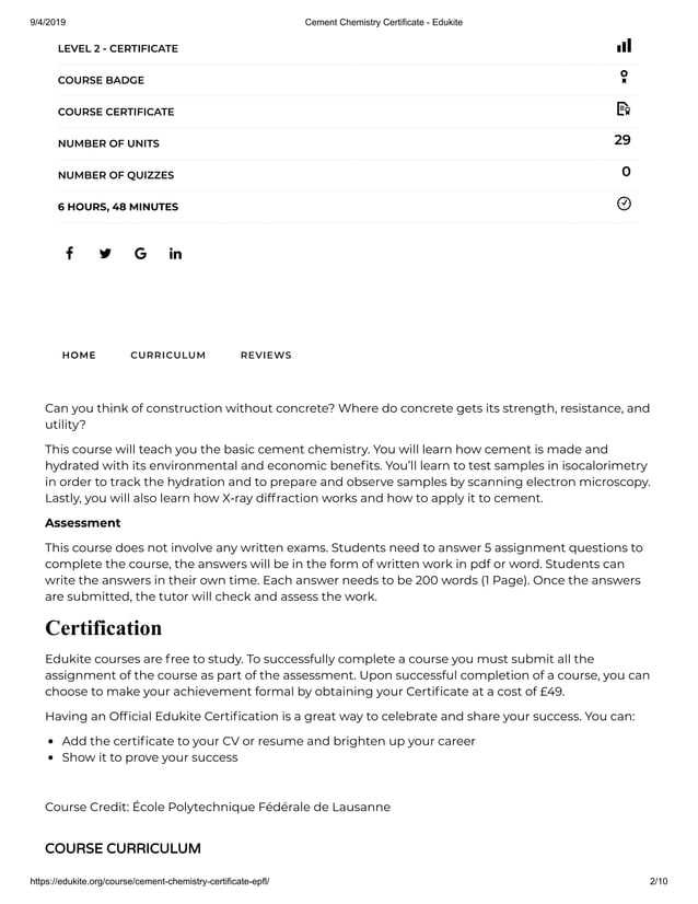 Cement Chemistry Certificate - Edukite | PDF